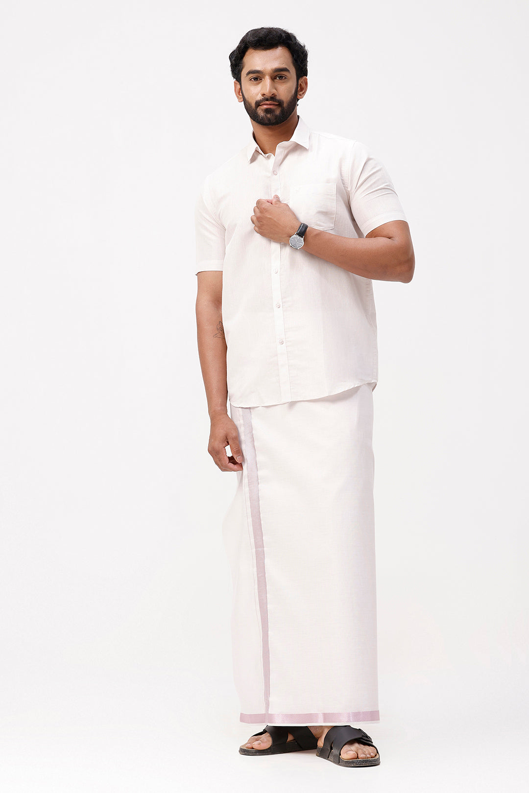 Vaibhav - Rose Pink Shirt and Jari Single Dhoti Tissue Set 2 In 1 For ...